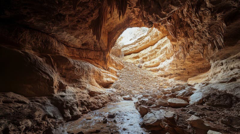 Bright Sunlight Illuminates Deep Cave Interior with Rough Stone Walls ...