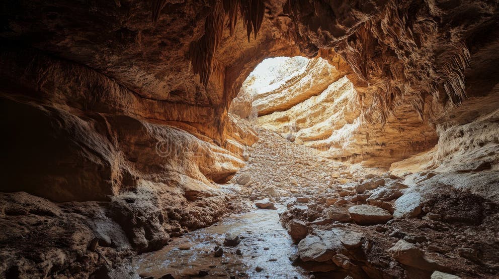 Bright Sunlight Illuminates Deep Cave Interior with Rough Stone Walls ...