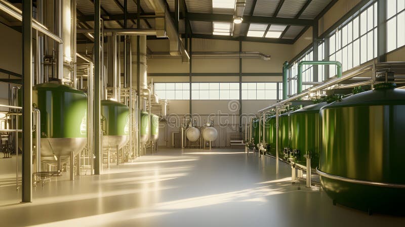 Bright Sunlight Illuminates Green Fermentation Tanks in Modern Brewery ...