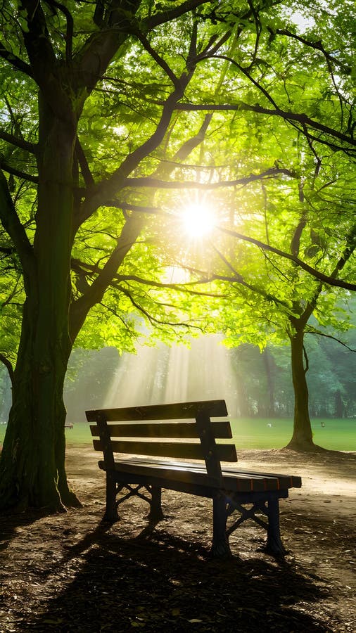 Bright Sunlight Illuminates Wooden Bench in Tranquil Park Setting Stock ...