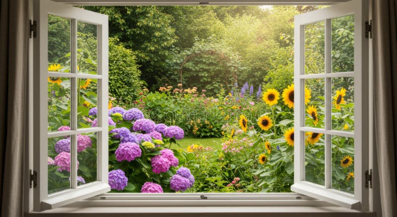 Bright Sunlight through Open Window Showing Vibrant Garden Stock Photo ...