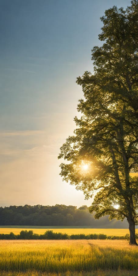 Bright Sunlight Over Serene Landscape, Minimalistic Scenery with Single ...