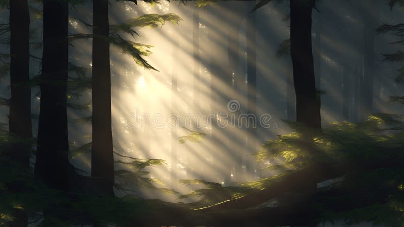 Bright Sunlight Penetrates the Trees in a Dense, Dark Forest. AI ...
