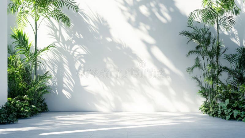 Bright Sunlight and Shadow on White Wall with Lush Green Tropical ...