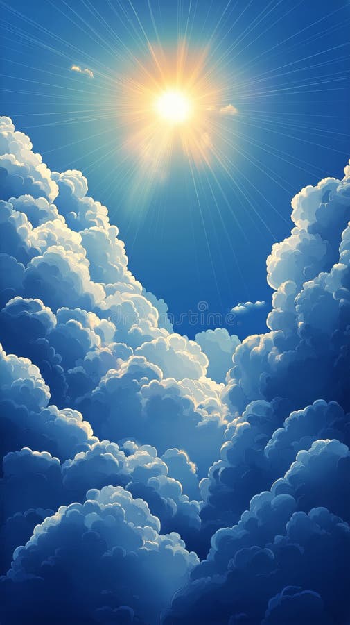 Bright Sunlight Shining through Fluffy Clouds in a Clear Blue Sky ...