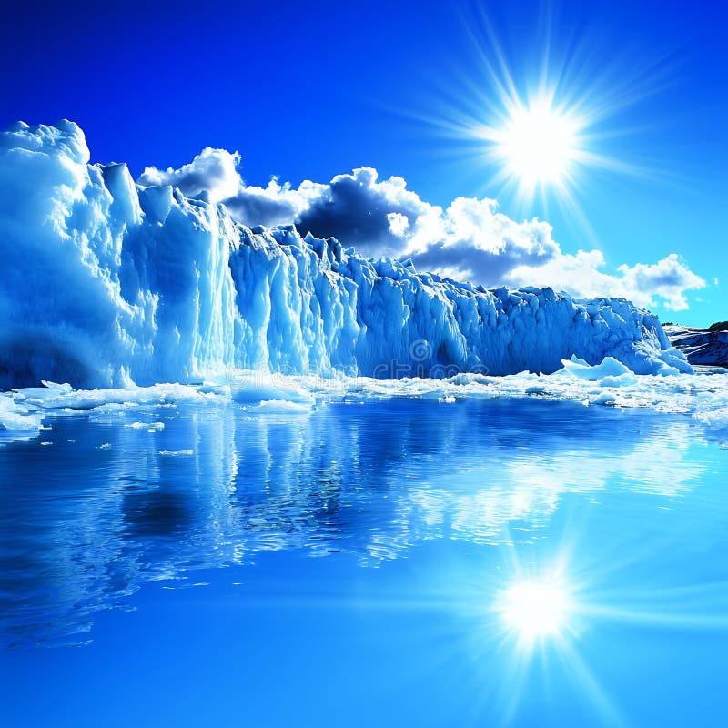 Bright Sunlit Glacial Landscape with Blue Water Reflection Stock ...