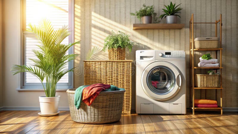 Bright Sunlit Laundry Room with Wicker Baskets, Potted Plants, and a ...