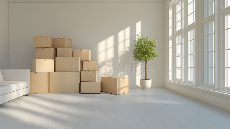 Moving Day Sunlit Room with Cardboard Boxes New Home Relocation AI ...