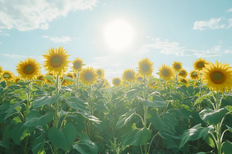 Bright Sunlit Sunflower Field Under Clear Blue Sky Stock Photo - Image ...
