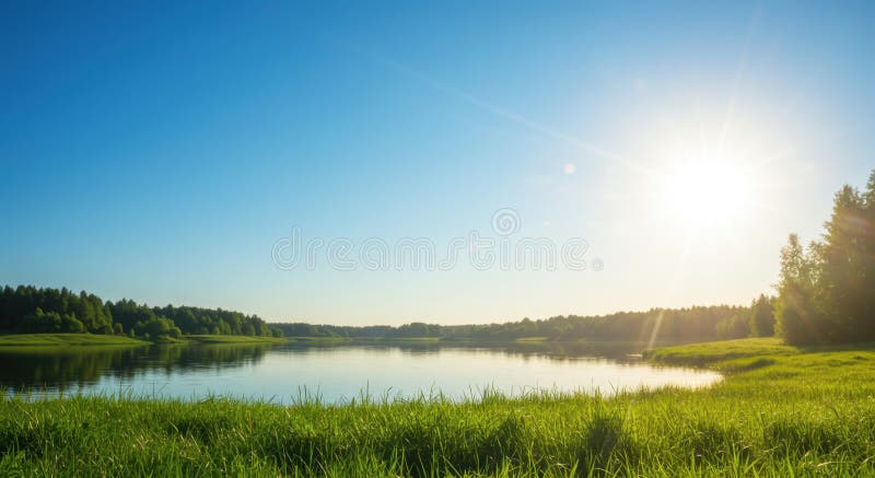 Bright Sunny Day at a Calm Lake Stock Illustration - Illustration of ...