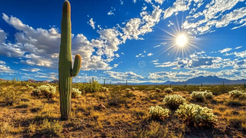 Bright Sunny Day in the Desert with a Tall Cactus Stock Illustration ...