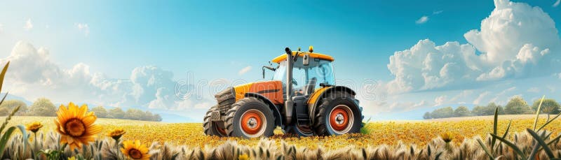 Bright Sunny Day on a Farm with a Tractor Working in Golden Fields ...