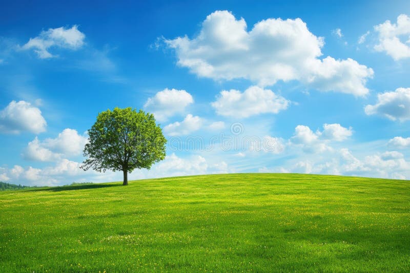Bright Sunny Day Lush Green Field Single Tree Fluffy Clouds Stock ...