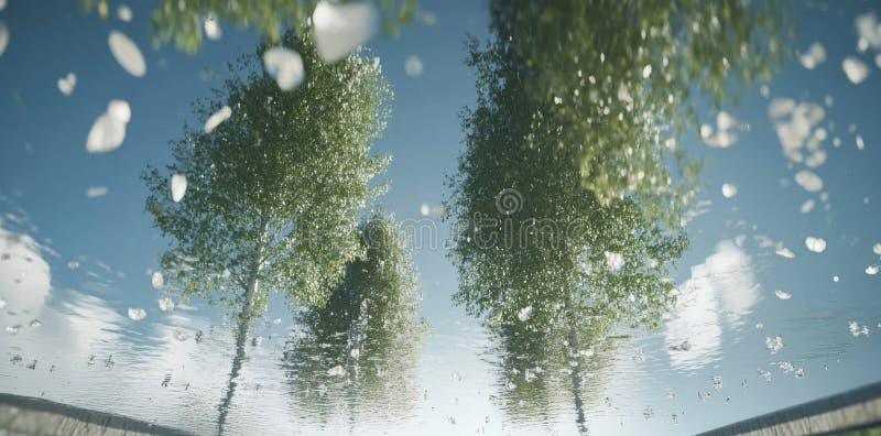 On a Bright Sunny Day, the Reflective Blue Sky and Trees are Mirrored ...