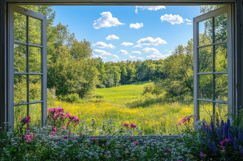 Serene Summer Meadow View from Open Window Stock Illustration ...