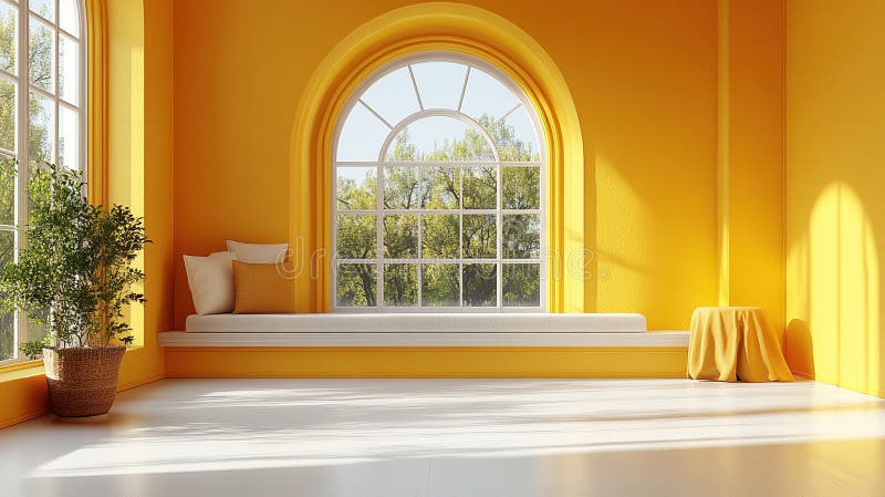 Bright, Sunny, Minimalist Room with a Large Arched Window Stock ...