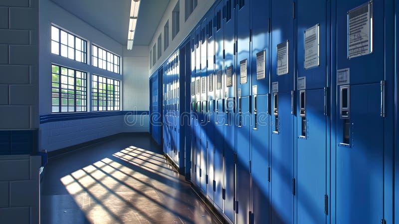 Bright Sunny School Hallway with Rows of Blue Lockers, Light Streaming ...