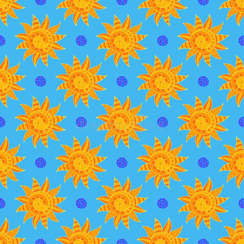 Bright Sunny Seamless Pattern of Hand-drawn Yellow Suns on Light Blue ...