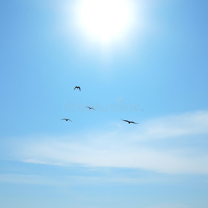 A Bright, Sunny Sky with a Few Birds Flying Across it in Silhouette ...