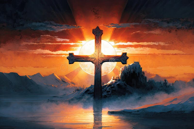 Bright Sunrise Behind a Cross in the Mountains, Generative Ai ...