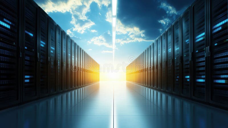 Bright Sunrise Illuminates Modern Data Center Corridor Stock ...
