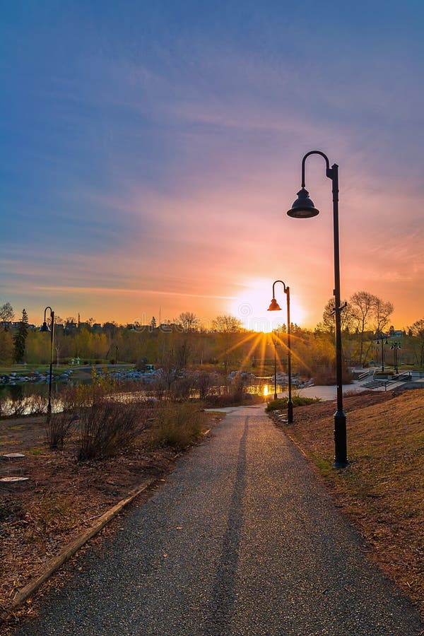 Sunrise Shining Over a Park Pathway Stock Photo - Image of calgary ...