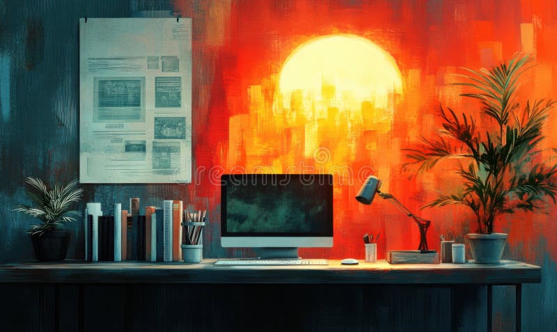 Bright Sunset Behind a Modern Workspace with Plants and Decor Stock ...