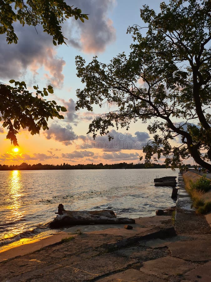 Bright Sunset at the City Harbour Riverside Stock Photo - Image of ...