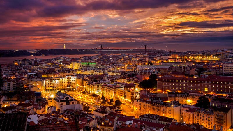 Bright sunset over Lisbon stock photo. Image of hour - 66402062