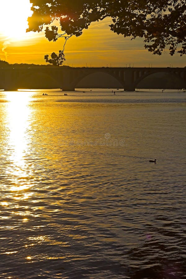 Bright Sunset Over Potomac River and Key Bridge. Stock Image - Image of ...