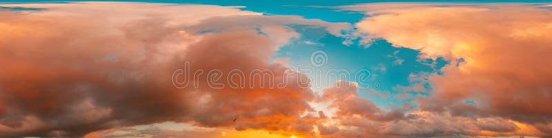 Dramatic Sunset Sky Panorama with Bright Glowing Red Pink Cumulus ...