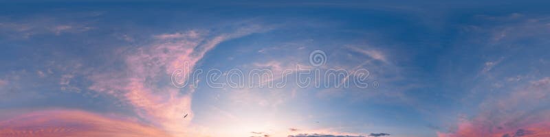 Bright Sunset Sky Panorama with Glowing Red Pink Cirrus Clouds. HDR 360 ...