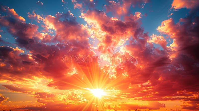 Bright Sunset Sun with Clouds. Sky-blue Space with Clouds and the Sun ...