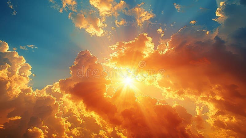 Bright Sunset Sun with Clouds. Sky-blue Space with Clouds and the Sun ...