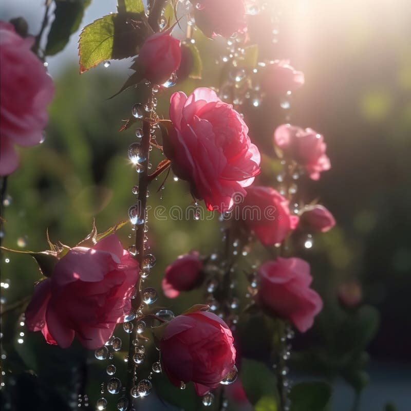 Bright Sunshine Shines on a String of Small Roses, Generative AI Stock ...