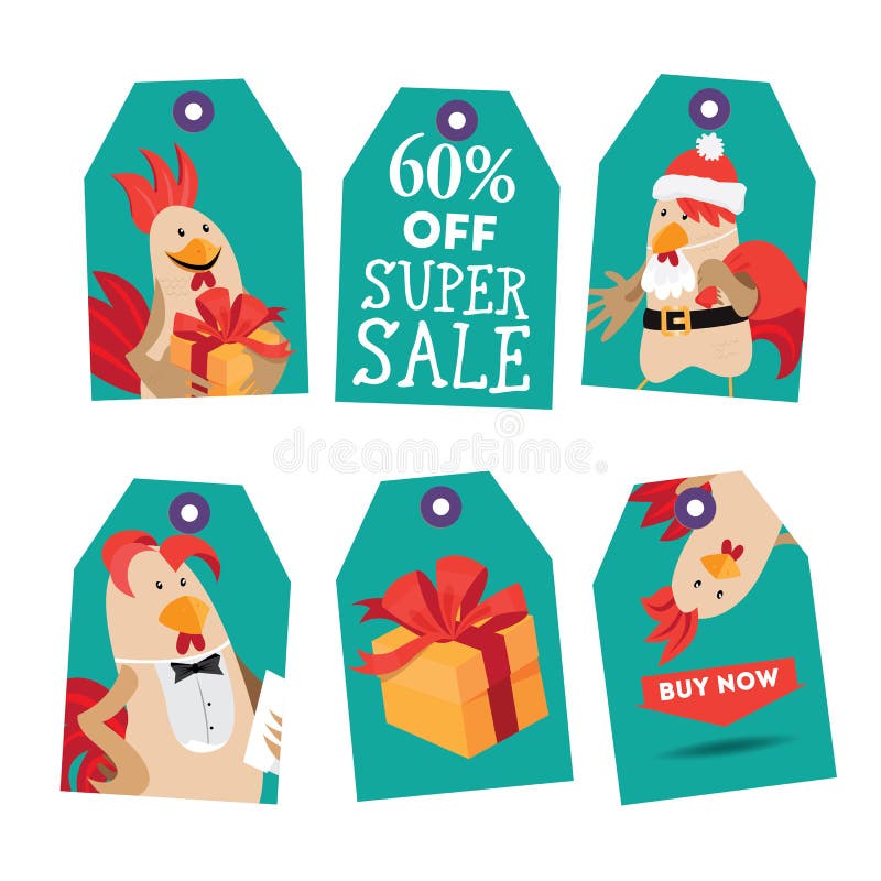 Bright Tags with Cartoon Rooster. Stock Vector - Illustration of ...