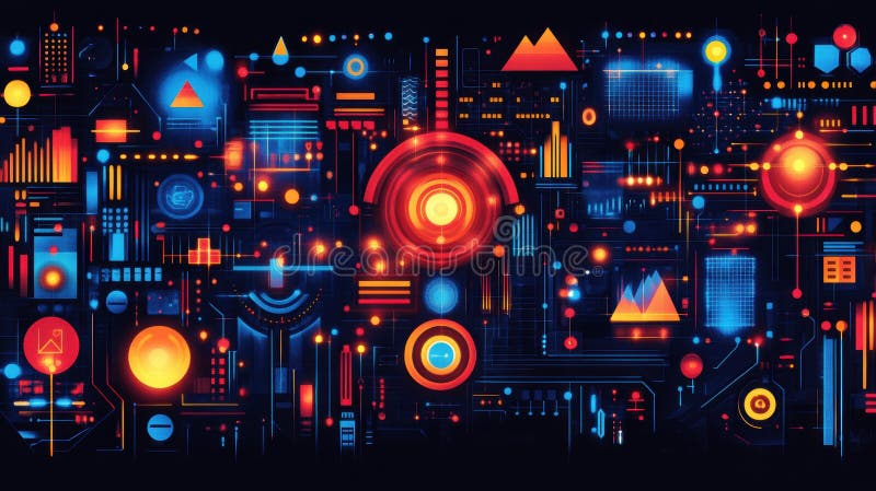 Digital Innovation, Bright Tech Symbols and Abstract Shapes on Navy ...