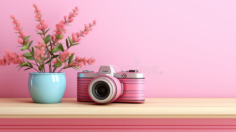Bright Template Background with Pink Camera Flat Lay Stock Illustration ...