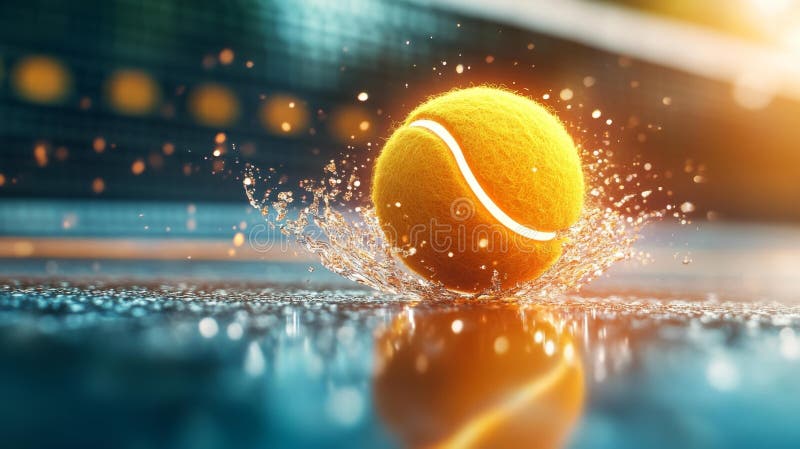 A Bright Tennis Ball Bouncing on the Surface with Water Splashes and ...