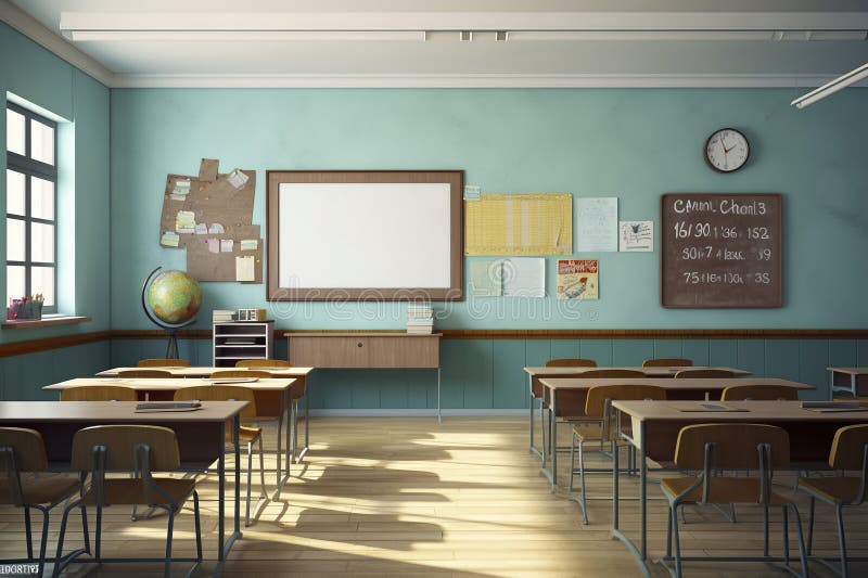 A Bright, Tidy Classroom with Desks, Chairs, a Globe, and Educational ...
