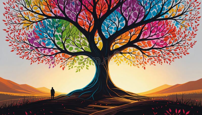 A Bright Tree with Several Branches and Leaves, and a Person Standing ...