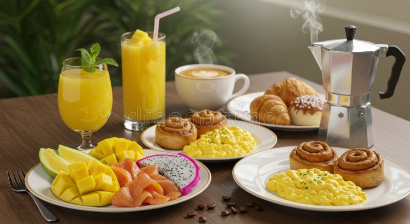Bright Tropical Breakfast Table Setting with Pastries Stock ...
