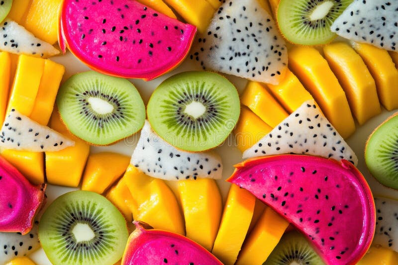 Bright Tropical Fruit Display Featuring Mango, Kiwi, and Dragon Fruit ...