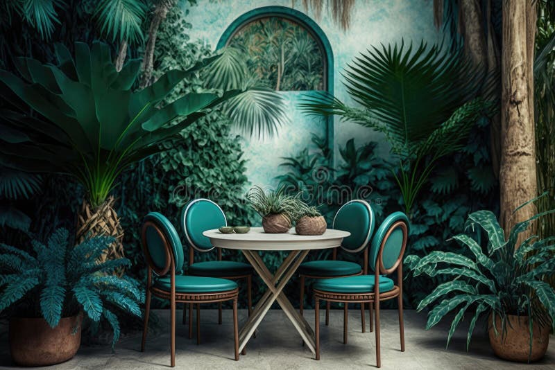 Bright Tropical Jungle Interior Design with Table and Chairs Under Palm ...