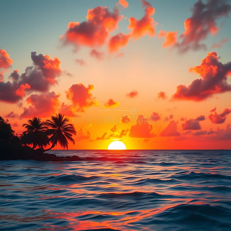 A Bright Tropical Sunset with Fiery Reds and Oranges Blending into the ...