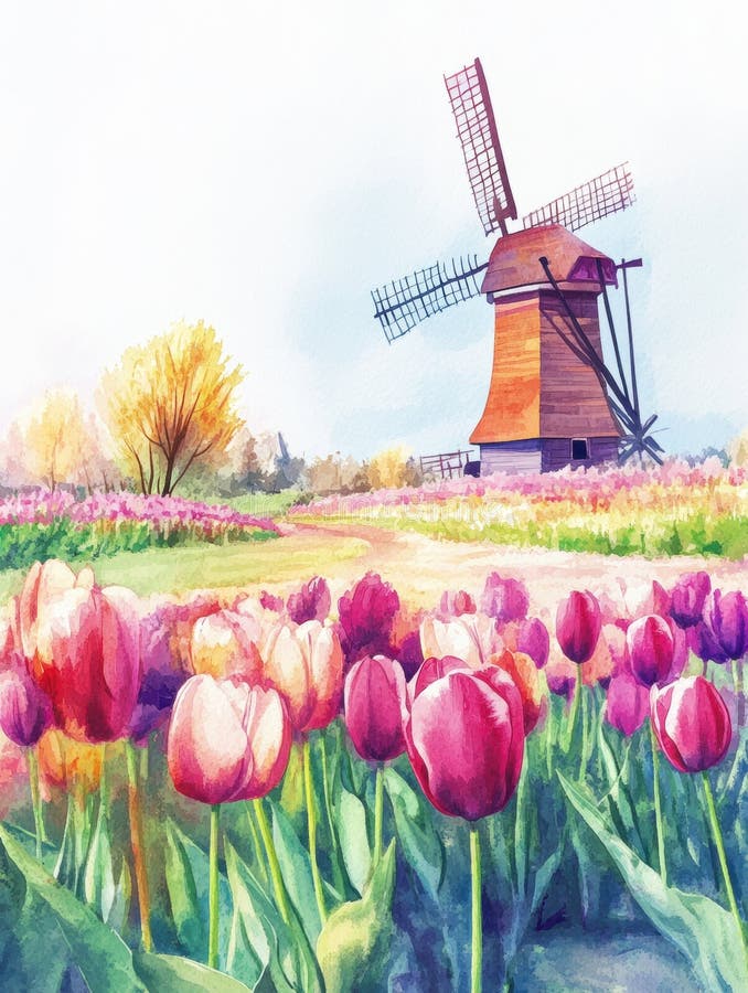Bright Tulip Fields with Windmill in the Background during Vibrant ...