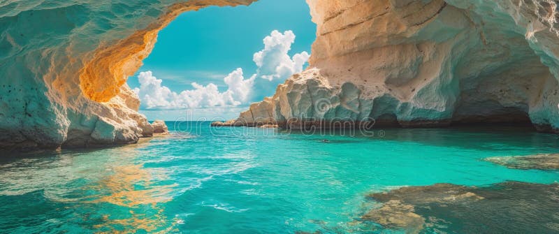 Bright Turquoise Sea Cave with Clear Water and Sunny Rocks. Stock Photo ...