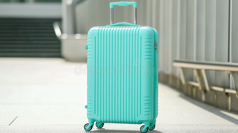 Bright Turquoise Suitcase Stands on a Smooth Surface at an Airport ...