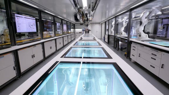 High-tech Laboratory with Floating Digital Screens, Robotic Assistants ...