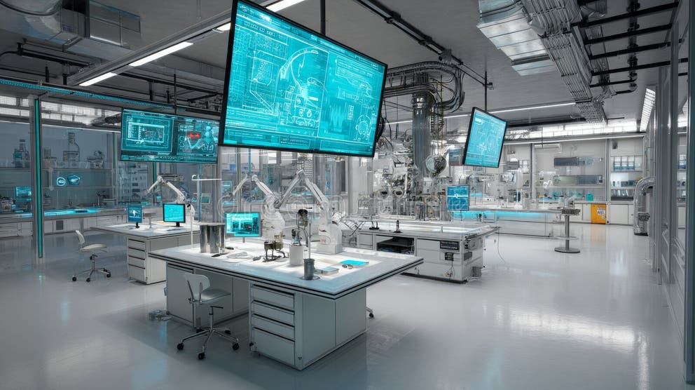 High-tech Laboratory with Floating Digital Screens, Robotic Assistants ...